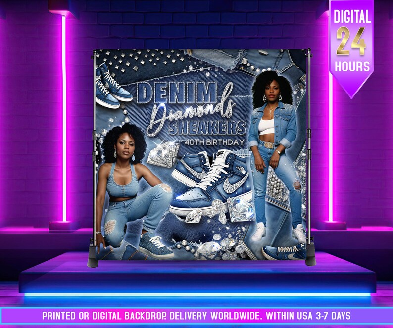 Denim and Diamonds and Sneakers Printed Birthday Backdrop Denim ...