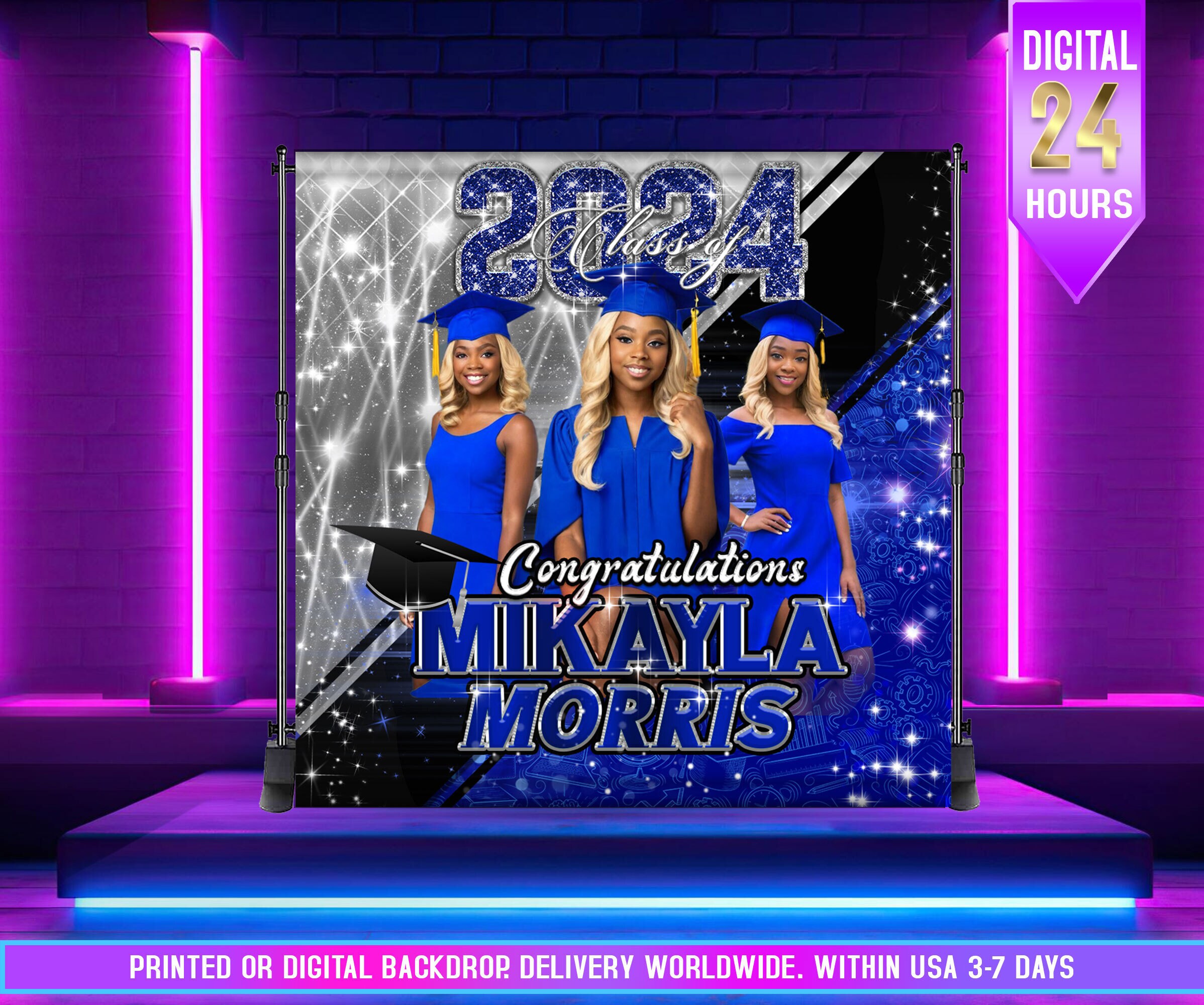 PRINTED or DIGITAL Royal Blue Silver Graduation Graduation Backdrop ...