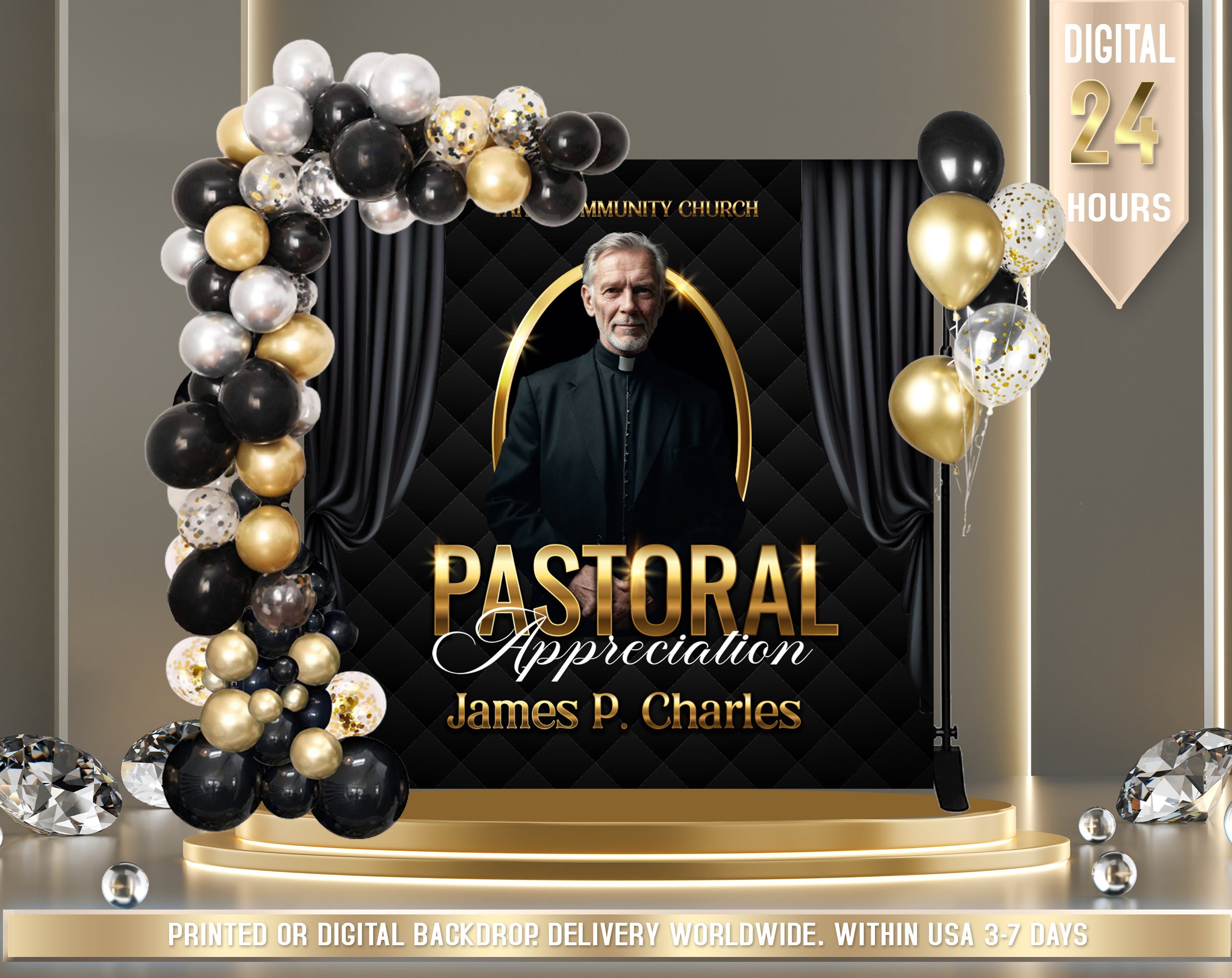 PRINTED or DIGITAL Black Gold Pastoral Anniversary Backdrop | Church ...