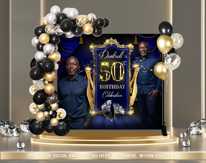 50th Birthday Backdrop With Photo Custom Name Banner for Men Gold Black ...