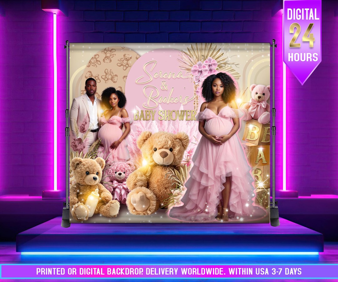 Girl Teddy Bear Baby Shower Backdrop| We Can Bearly Wait Banner| Pink ...