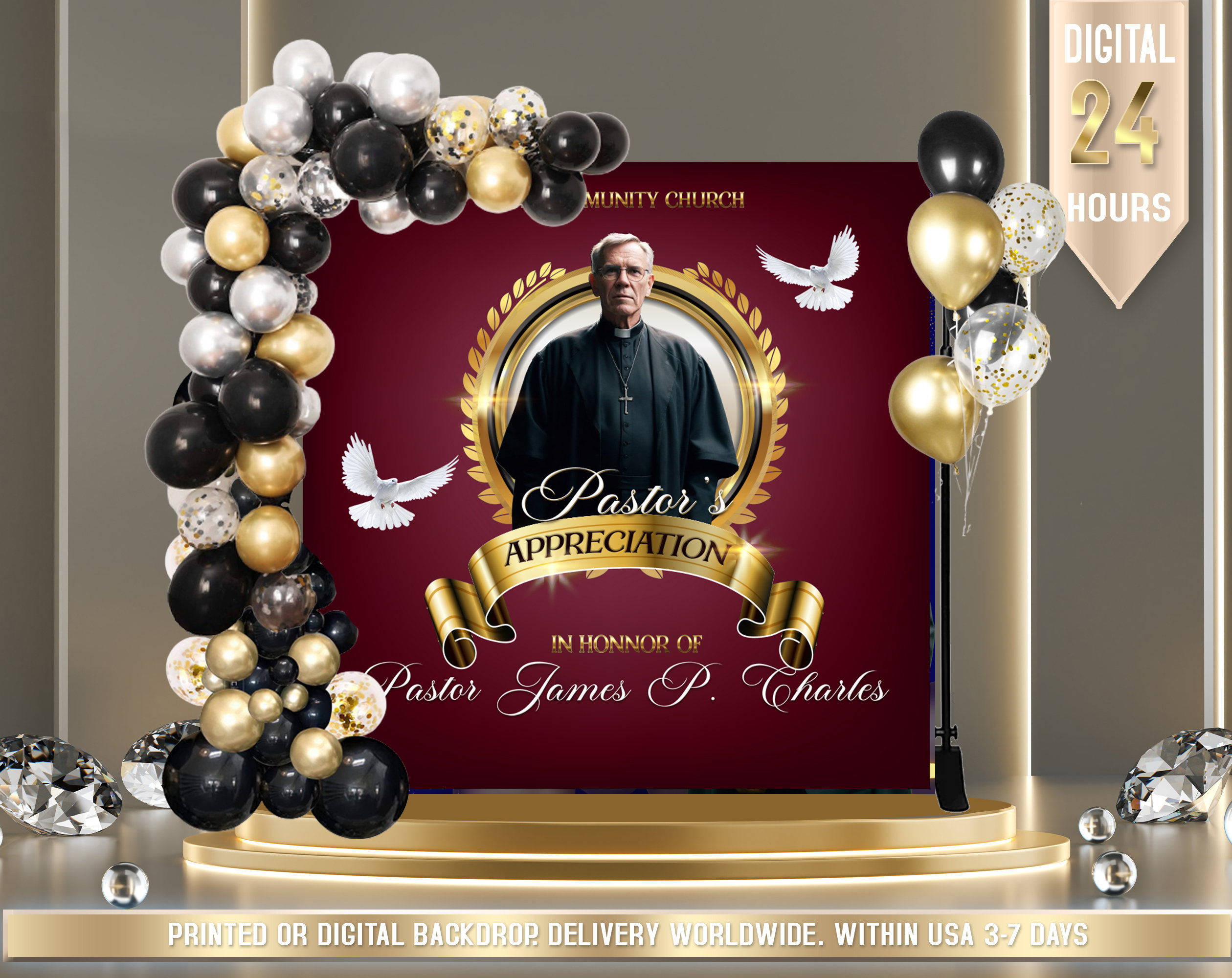 PRINTED or DIGITAL Burgundy Pastoral Anniversary Backdrop | Church ...