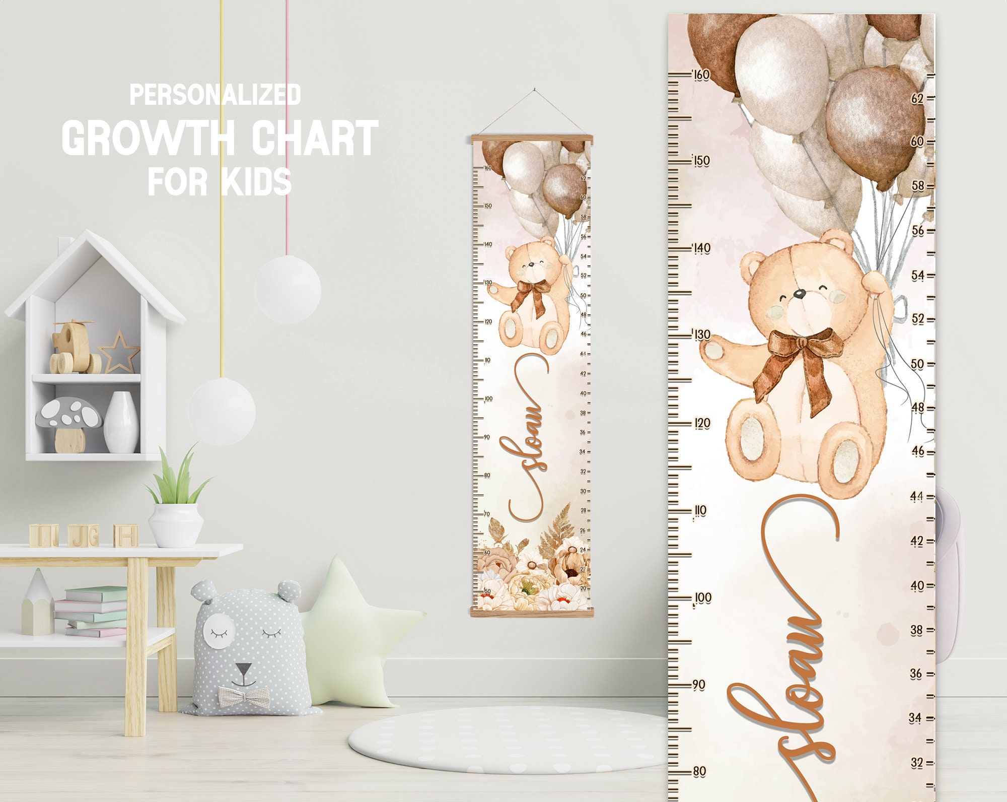 Teddy Bear Height Chart With Hanging Frame, Personalized Bear Boy Girl ...