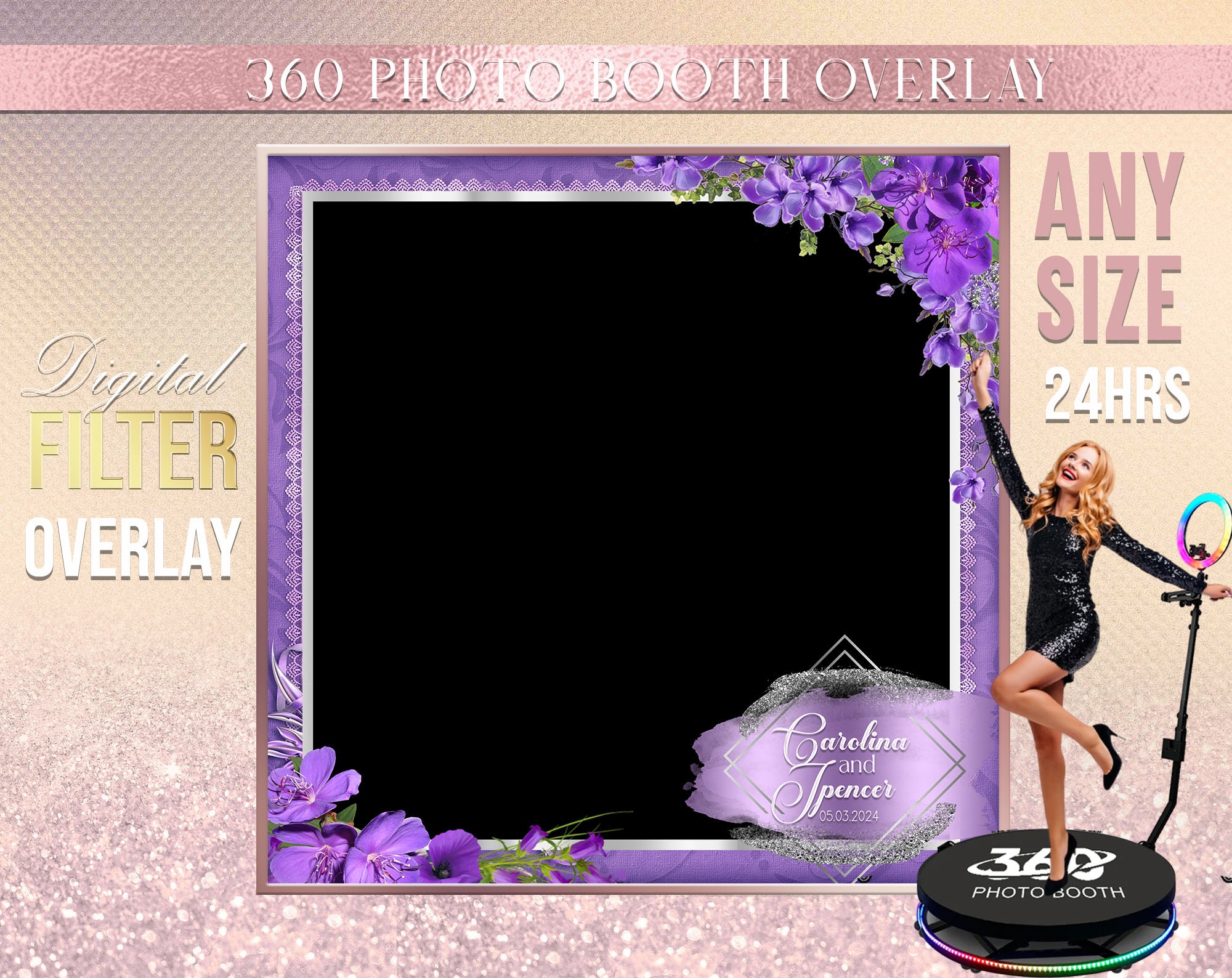 Purple Wedding Photo Booth Photo Template, Engagement Overlay Photo ...