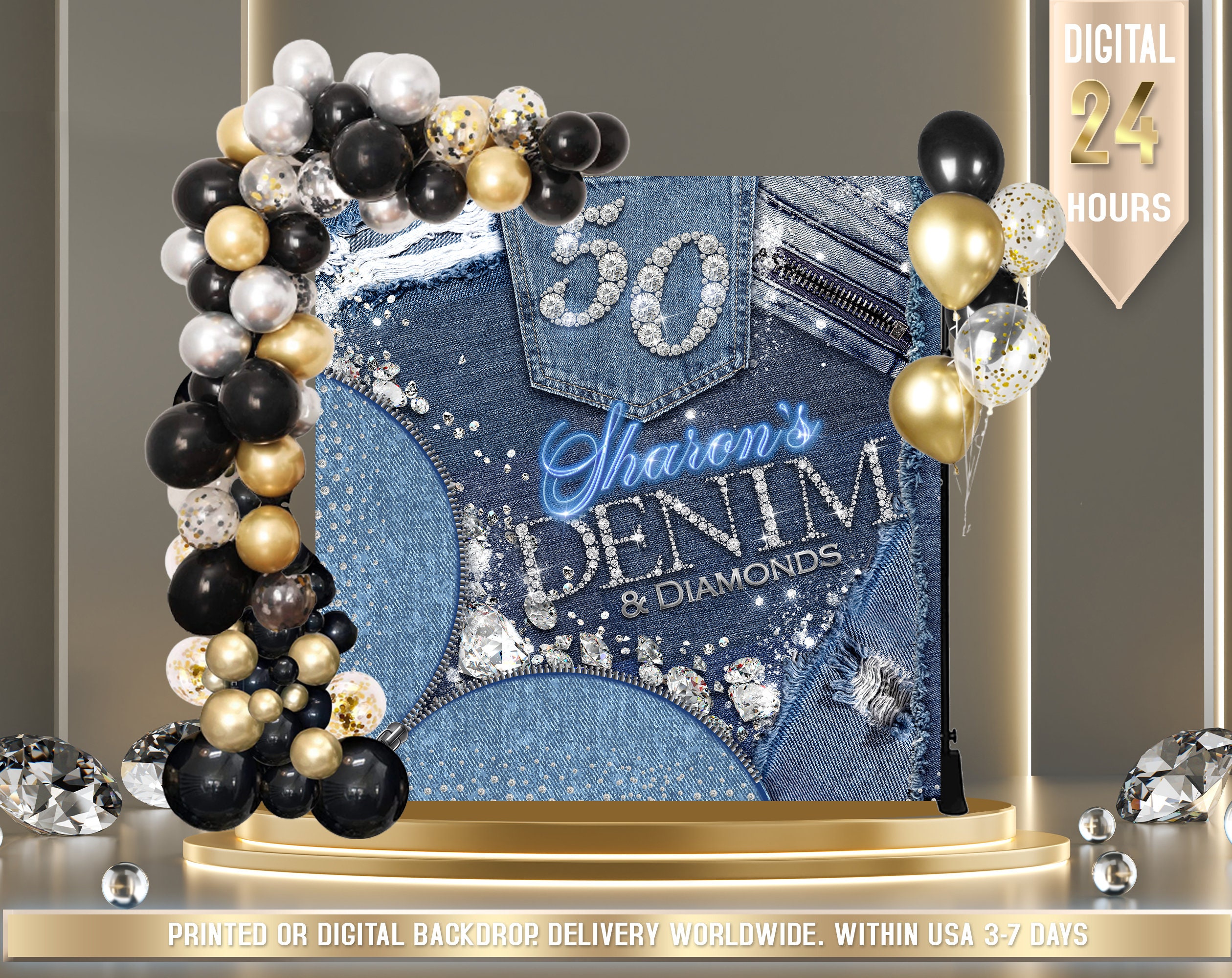 Denim and Diamonds Printed Birthday Backdrop Denim Birthday Theme ...