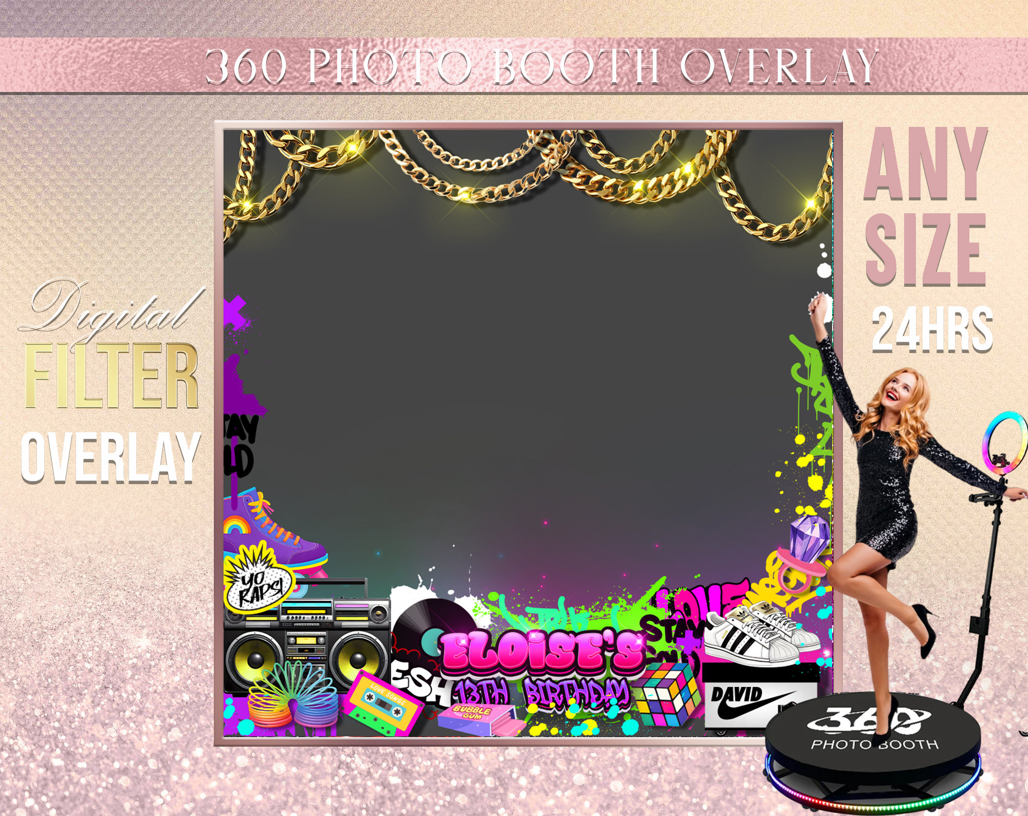 90s 80s Birthday Photo Booth Photo Template, Disco Birthday Overlay ...