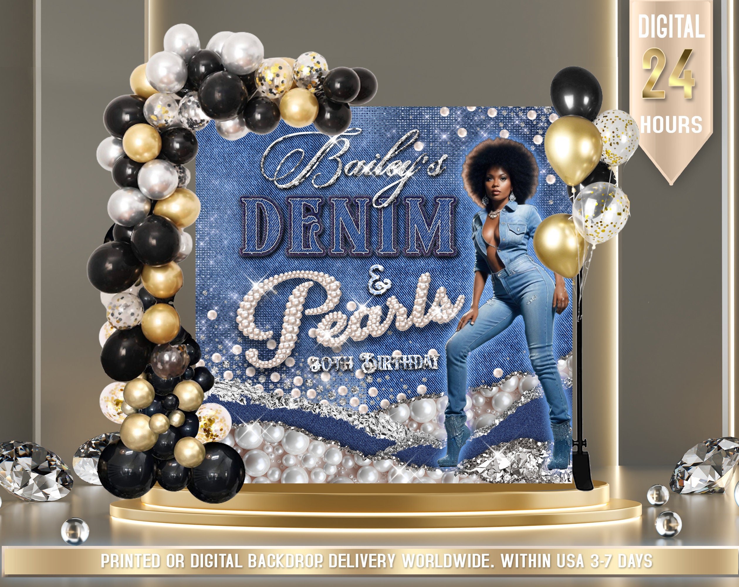 Denim and Pearls Printed Birthday Backdrop | Denim Birthday Theme ...