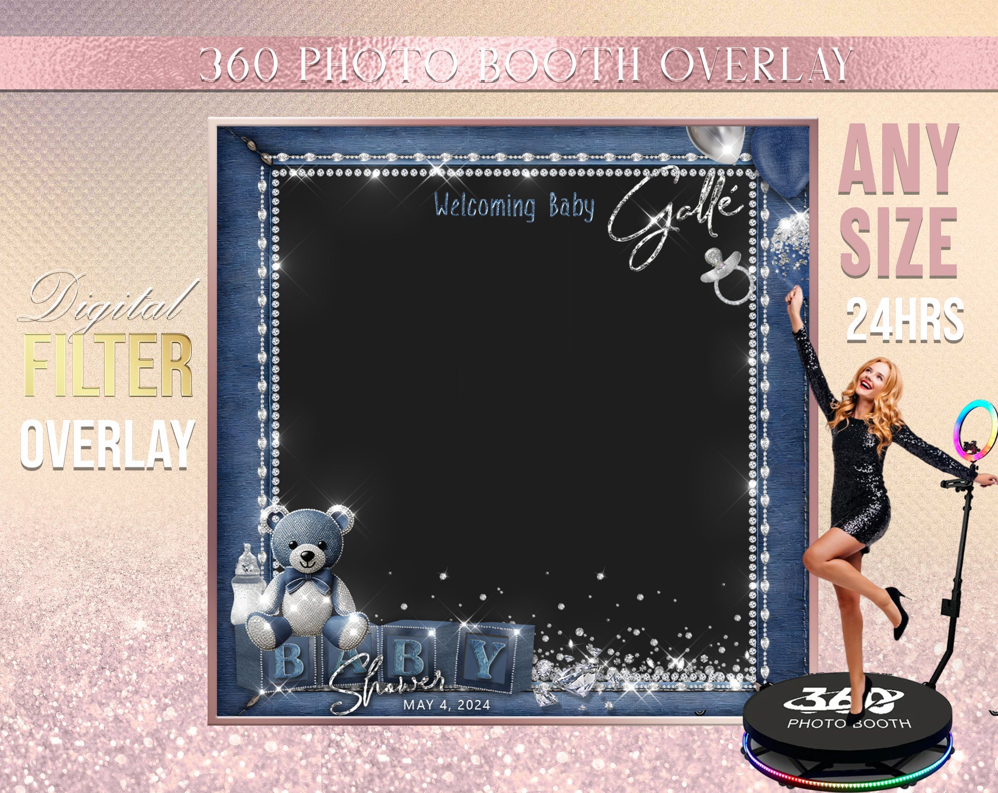 Denim Baby Shower Photo Booth Overlay, Bear Baby Shower 360 Photo Booth ...