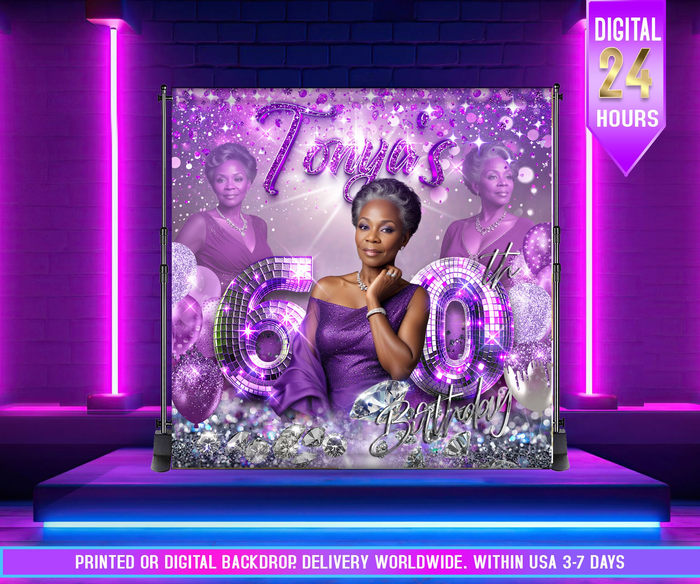 PRINTED or DIGITAL | Purple Birthday Backdrop | 50th 60th 70th Glitter ...