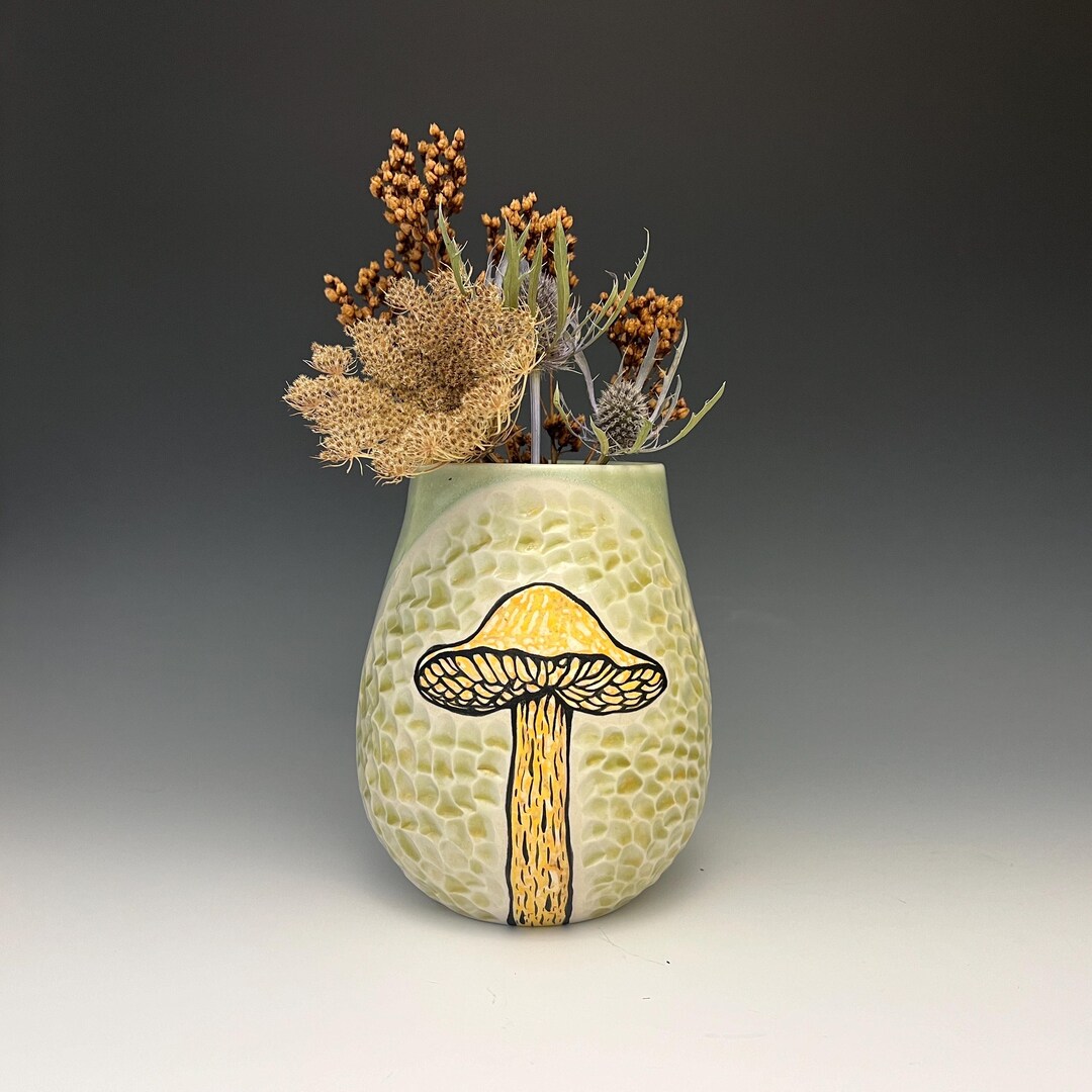 Yellow Mushroom Porcelain Flower Vase// Pottery Handmade, Underglaze ...