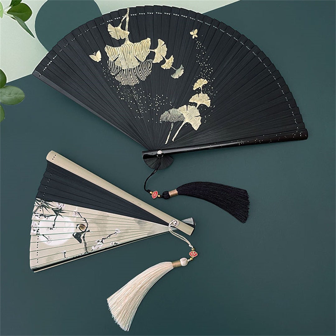 Black Full Bamboo Folding Fan Classic Hand Fan Cosplay Fans - Etsy