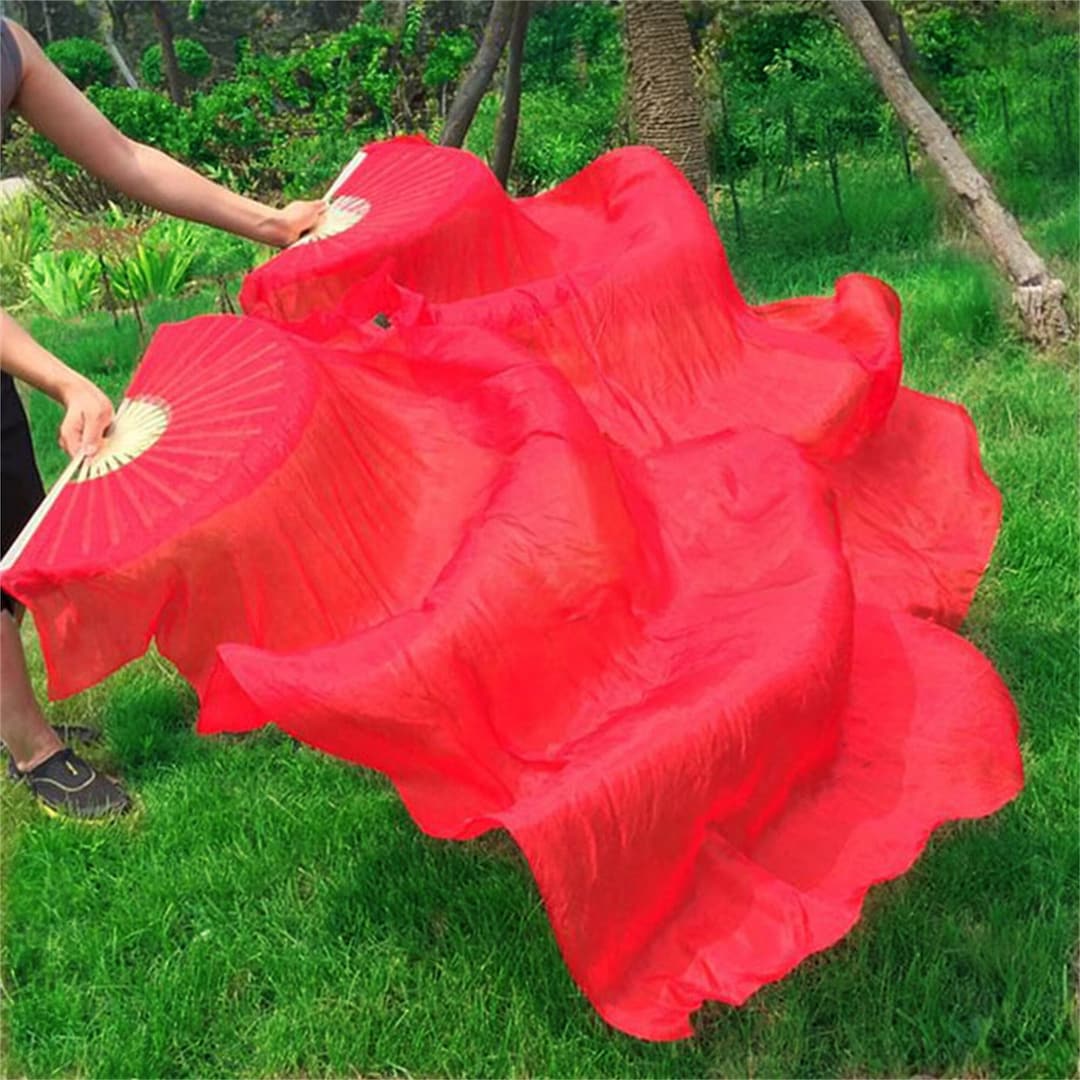 Red Long Veil Silk Fans, Dance Costume Silk Fan Veils, Fan Veils Flow ...