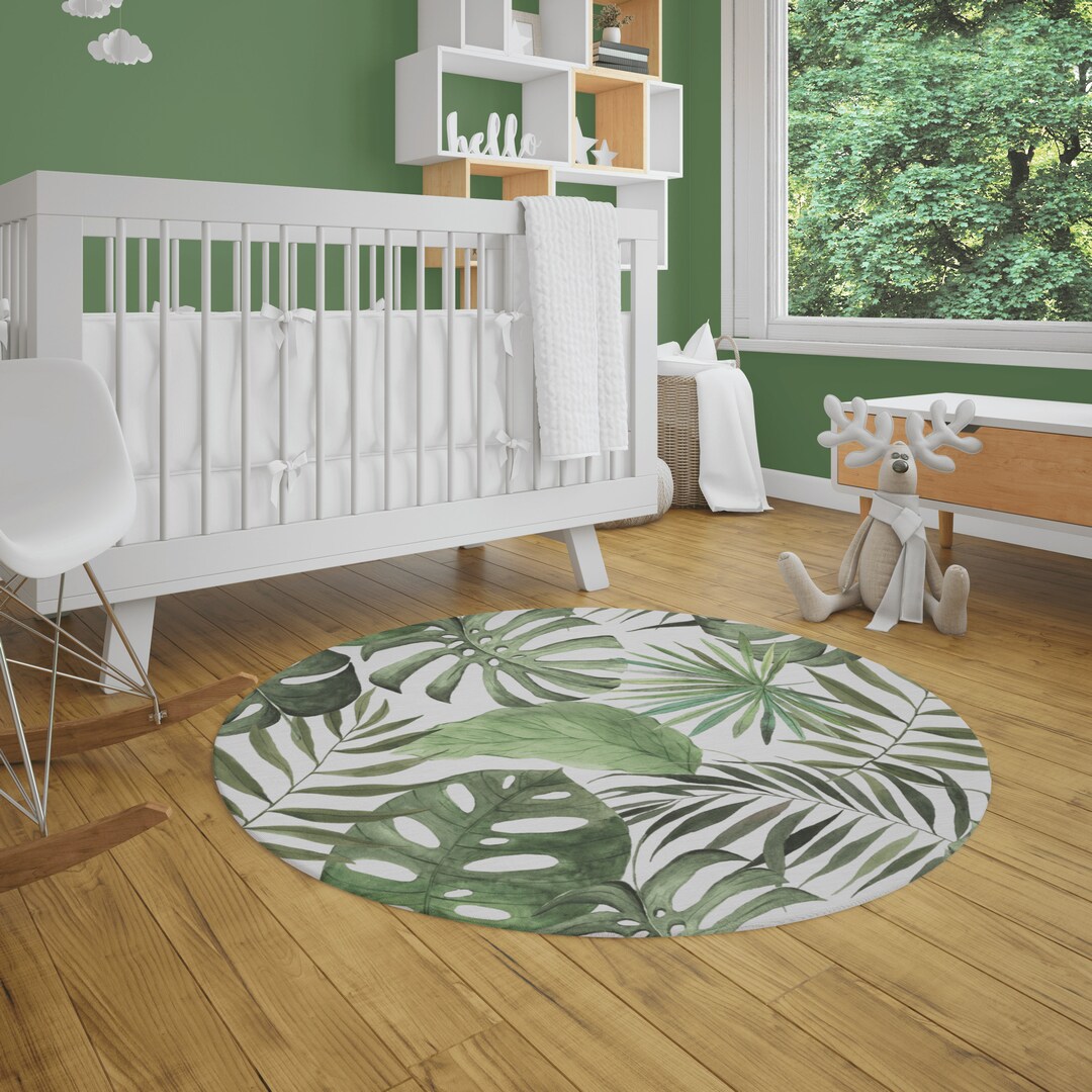 Tropical Leaves Round Rug for Nursery Living Room Bedroom Office ...