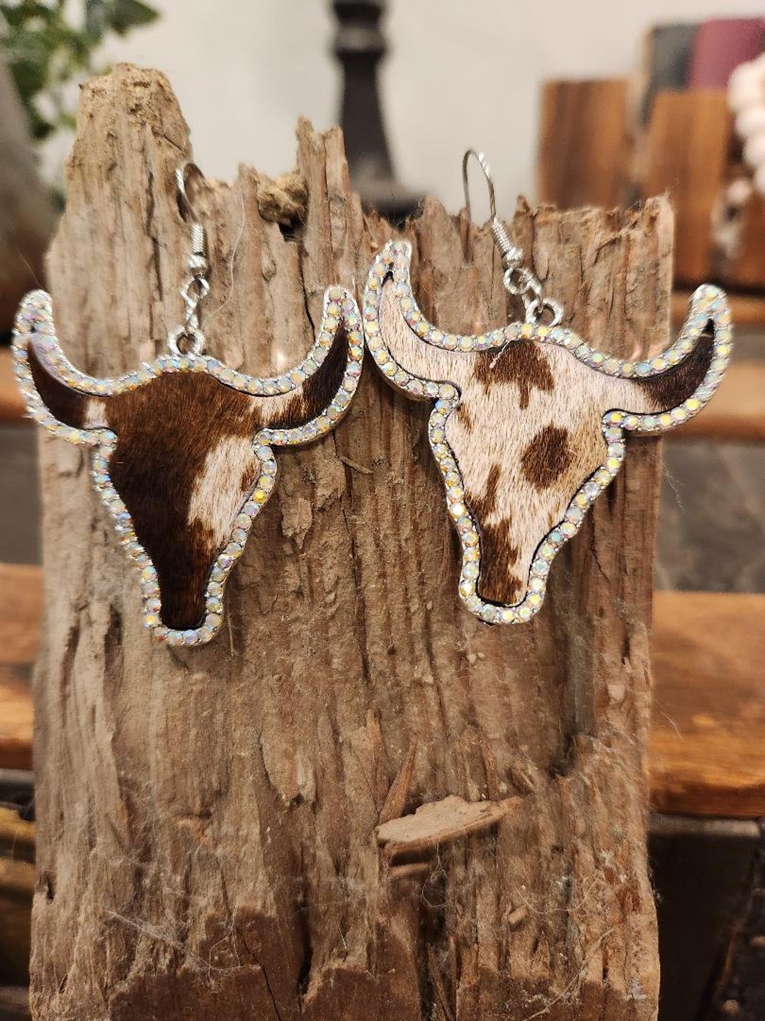 Genuine Cowhide Bling Earrings / Rhinestone / Cowhide/ Texas Longhorn ...