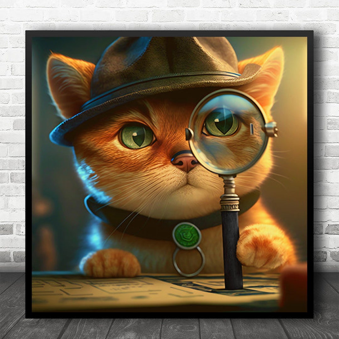 Detective Cat Cat With Magnifying Glass Digital Art Wall - Etsy