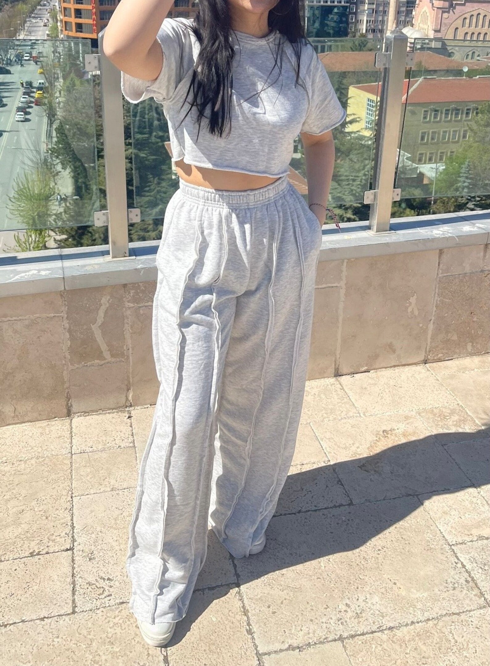 Pleated Crop Top Tracksuit Set, Comfortable Cotton Crew Neck With Torn ...