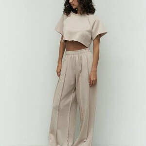 Pleated Crop Top Tracksuit Set, Comfortable Cotton Crew Neck With Torn ...