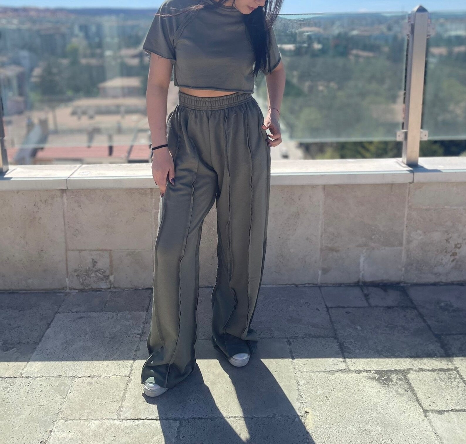 Pleated Crop Top Tracksuit Set, Comfortable Cotton Crew Neck With Torn ...