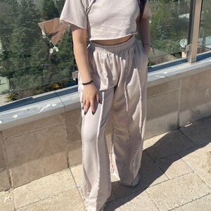 Pleated Crop Top Tracksuit Set, Comfortable Cotton Crew Neck With Torn ...