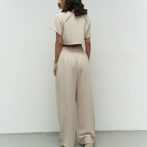 Pleated Crop Top Tracksuit Set, Comfortable Cotton Crew Neck With Torn ...