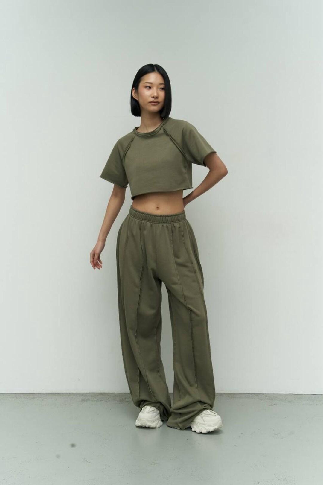 Pleated Crop Top Tracksuit Set, Comfortable Cotton Crew Neck With Torn ...