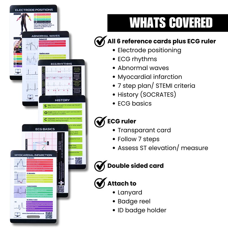 ECG Reference Card Bundle (7 Cards) | Includes ECG Ruler, Rhythm, MI ...