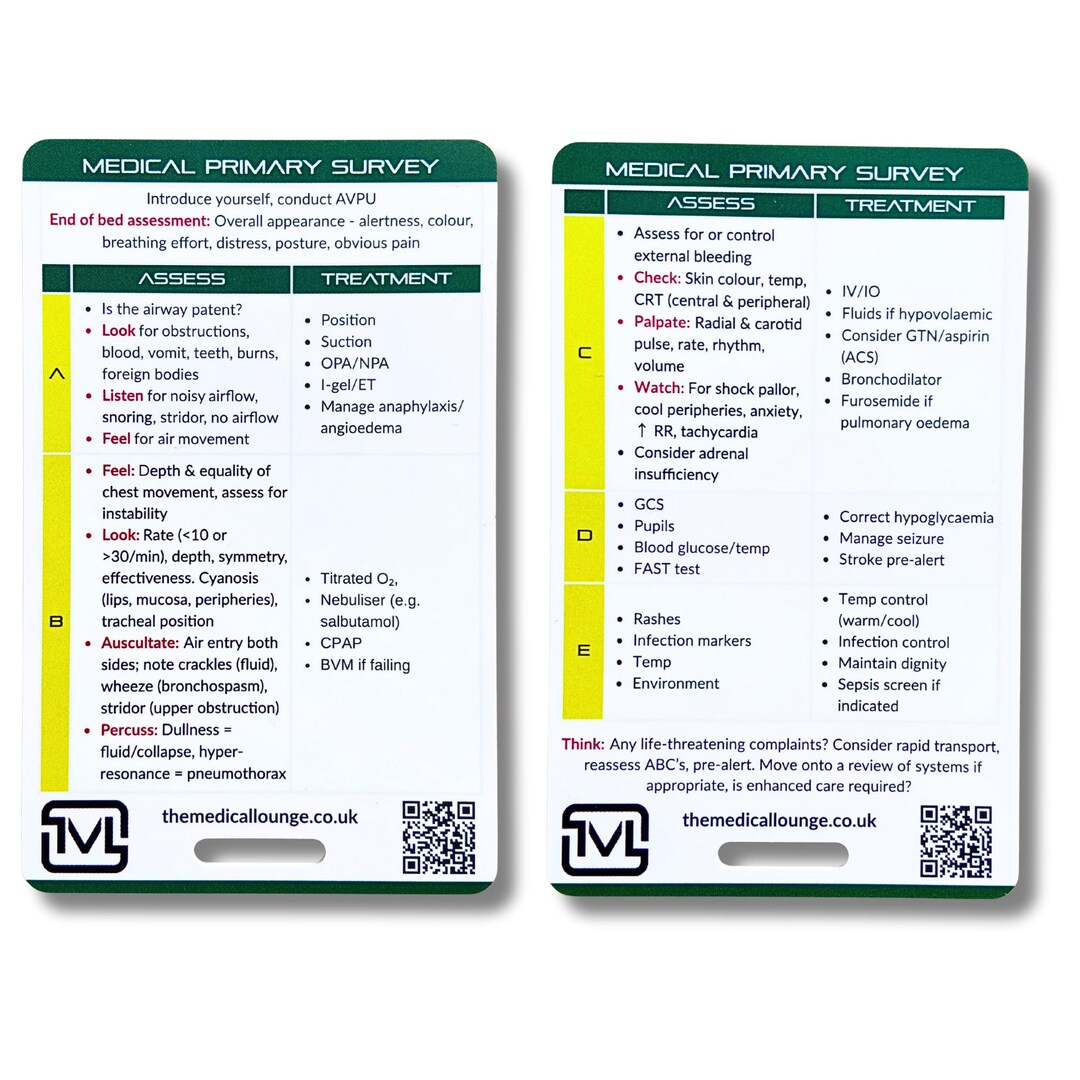 Medical Primary Survey – Abcde Assessment Reference Card - Etsy