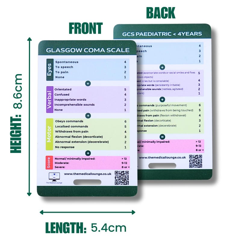 GCS Reference Card | Adult and Paediatric Glasgow Coma Scale | Lanyard ...