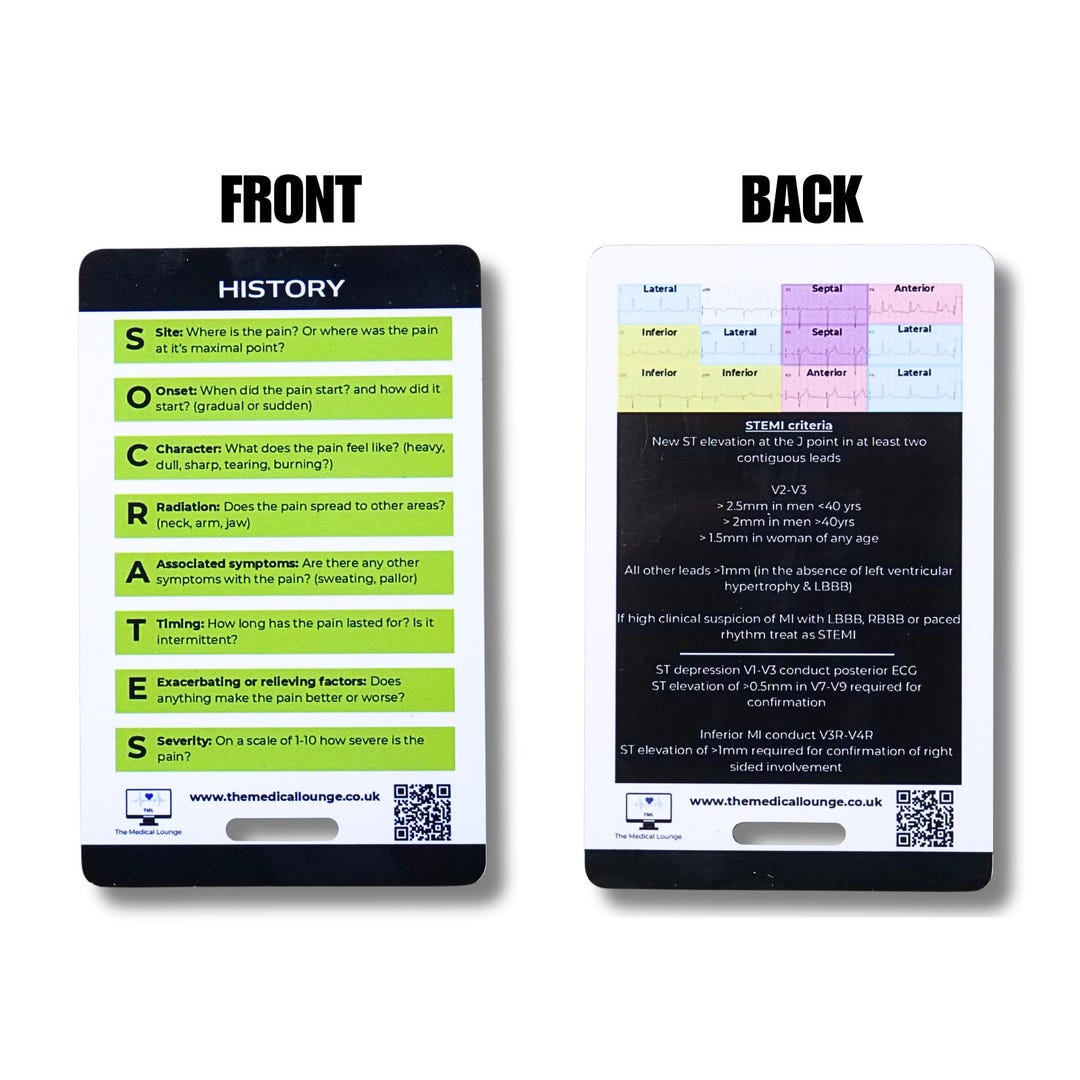 STEMI Criteria & Chest Pain History Card | SOCRATES Mnemonic and ECG ...