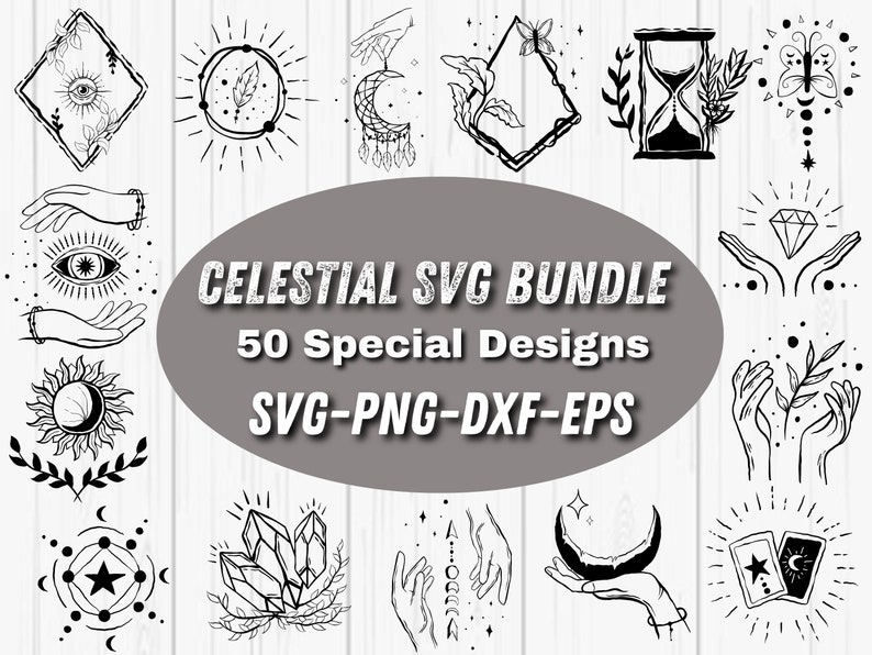 Celestial Bundle Svg, Celestial Magic Handdrawn, Celestial Moon Flower ...