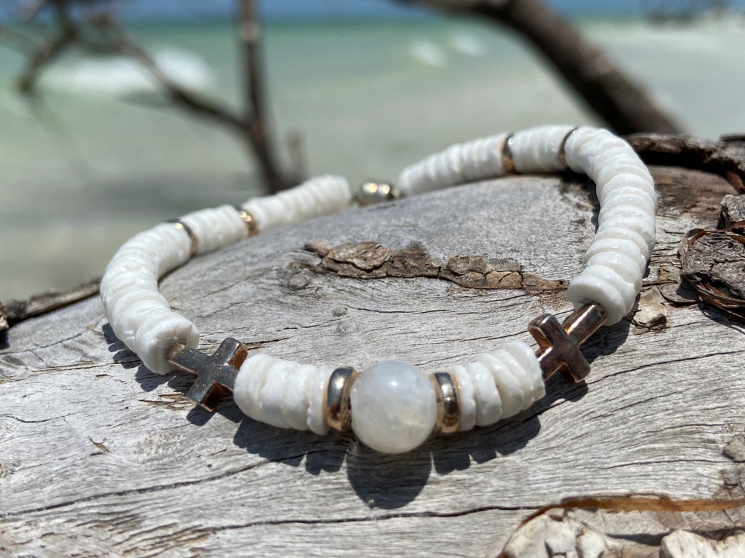 Moonstone and Natural Shell Bracelet With Sterling Silver Crosses and ...