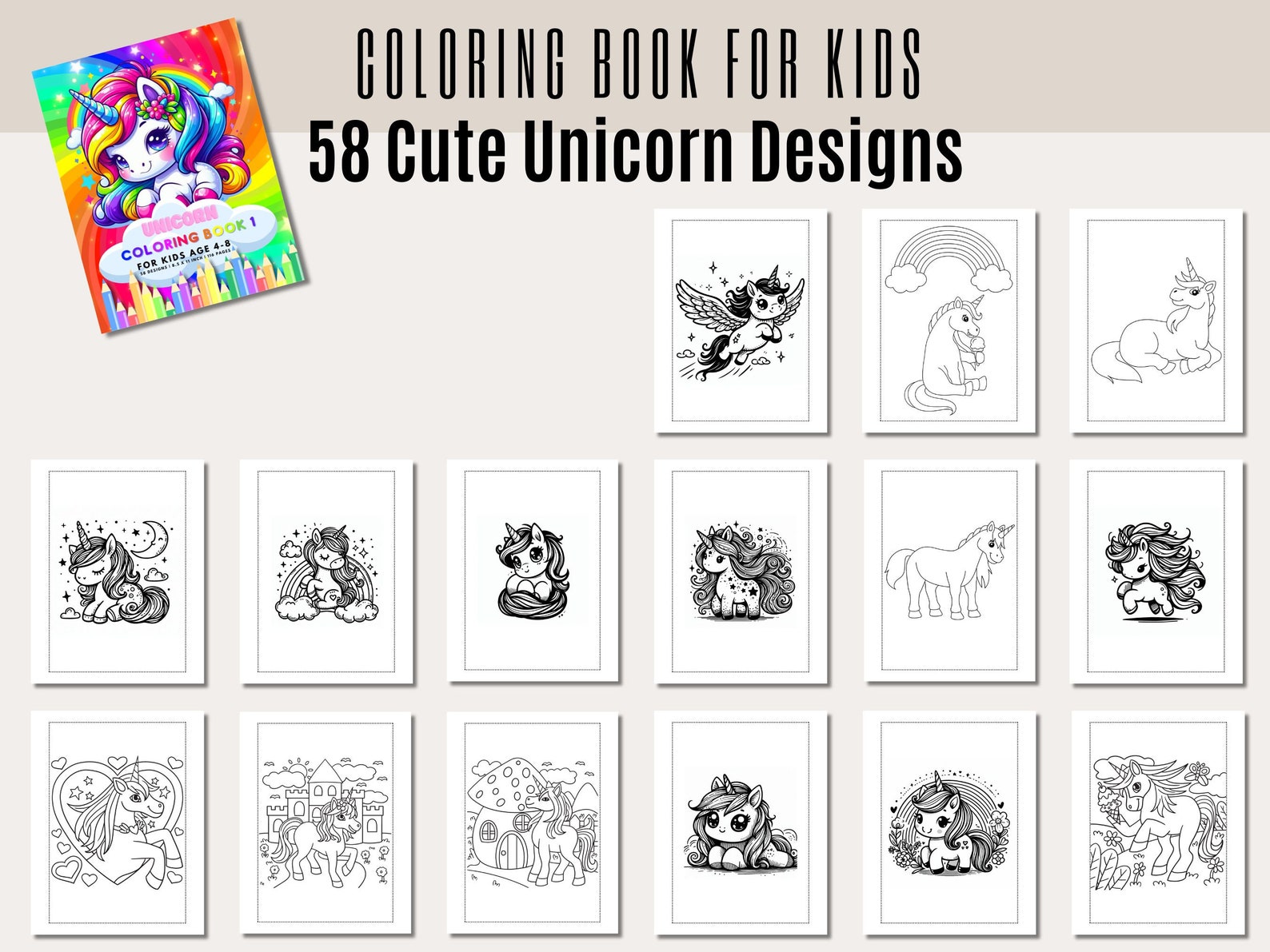 Cute Unicorn Coloring Pages for Kids, Unicorn Printables, Printable ...