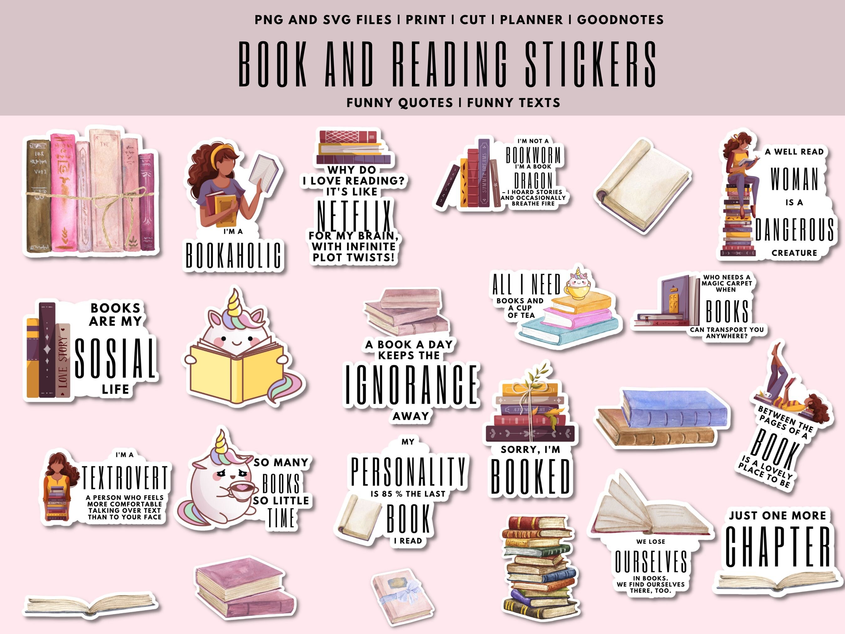 Printable Book Lovers Reading Fussy Cut Stickers PNG Sticker Bundle ...