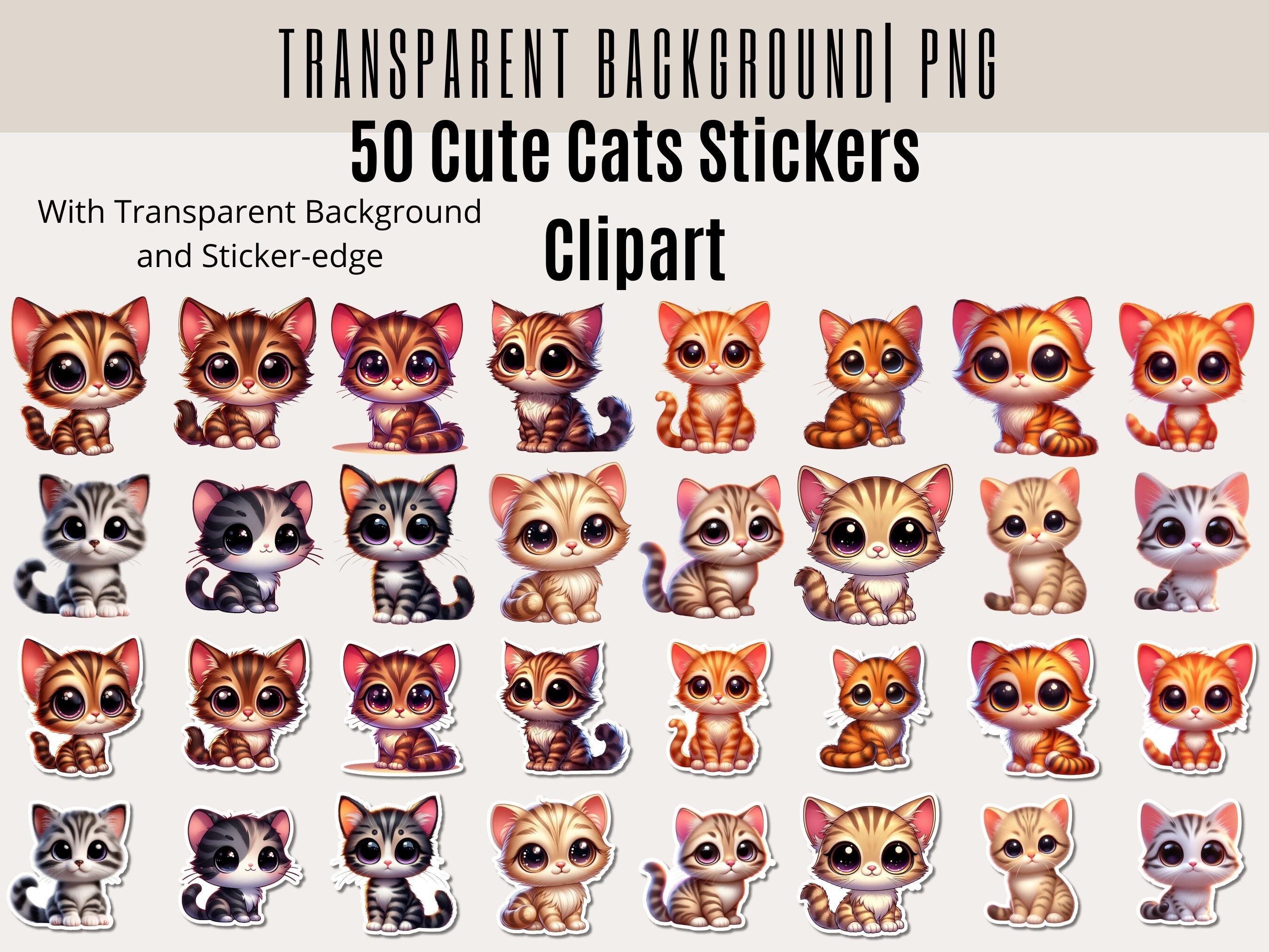 Cute Cat Clipart Bundle Set of 50 Pngs With Transparent and Sticker ...