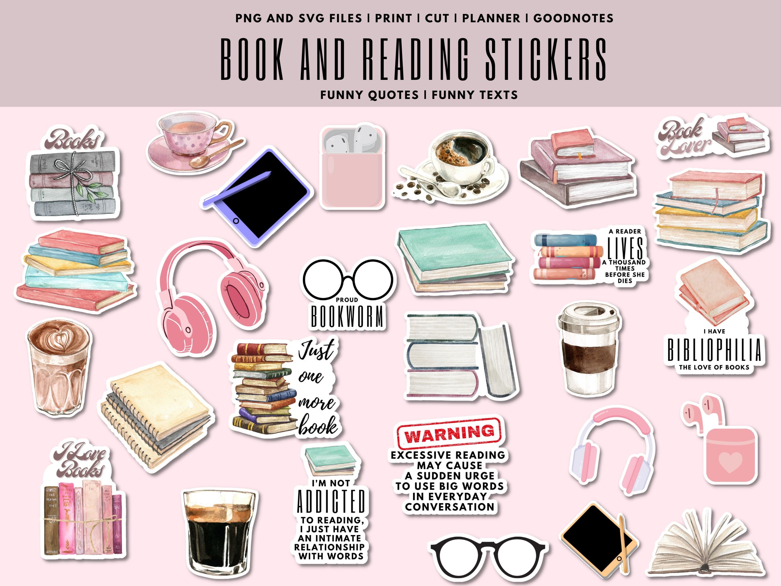 Printable Book Lovers Reading Stickers PNG Sticker Bundle Digital ...