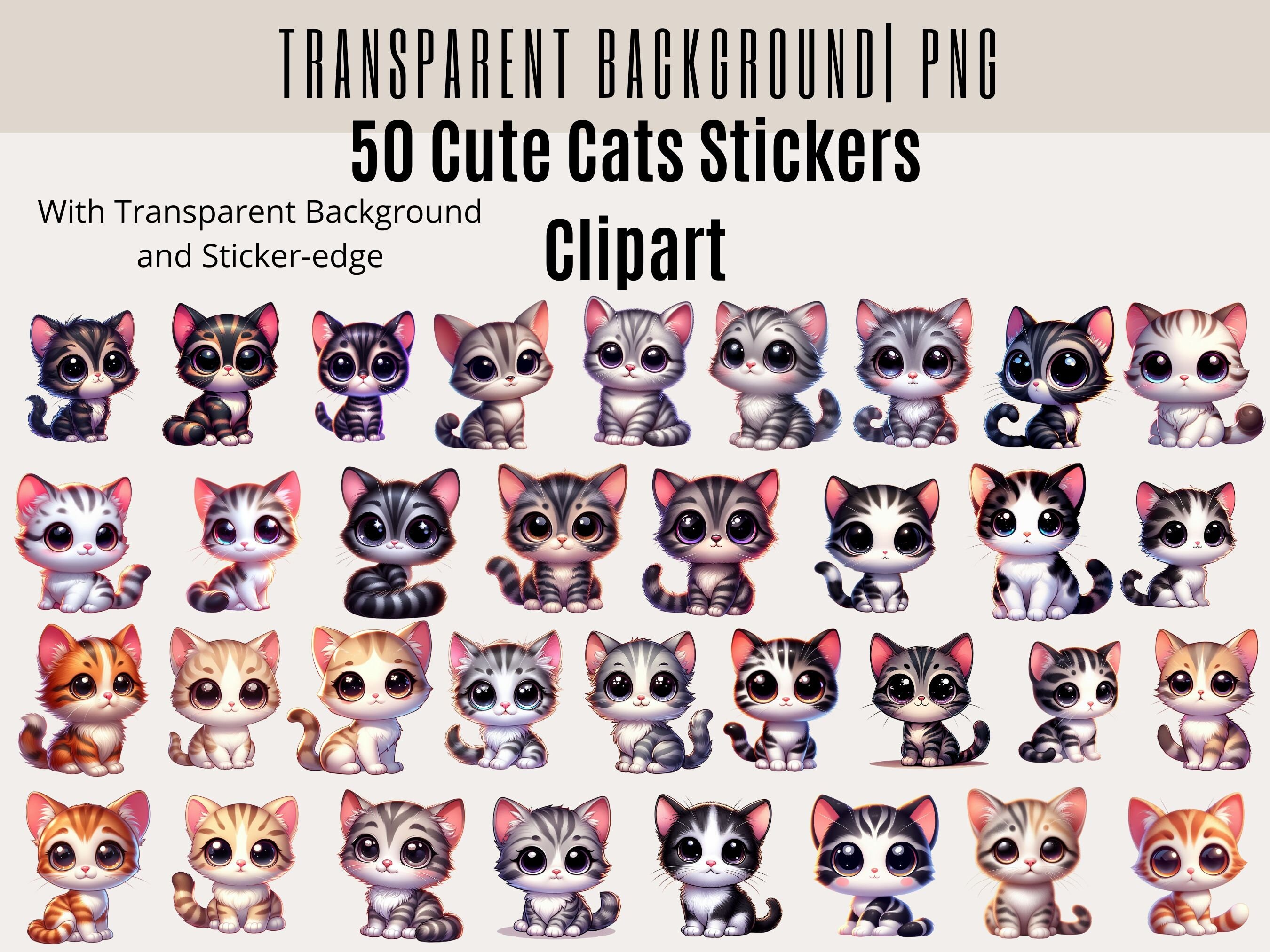 Cute Cat Clipart Bundle Set of 50 Pngs With Transparent and Sticker ...