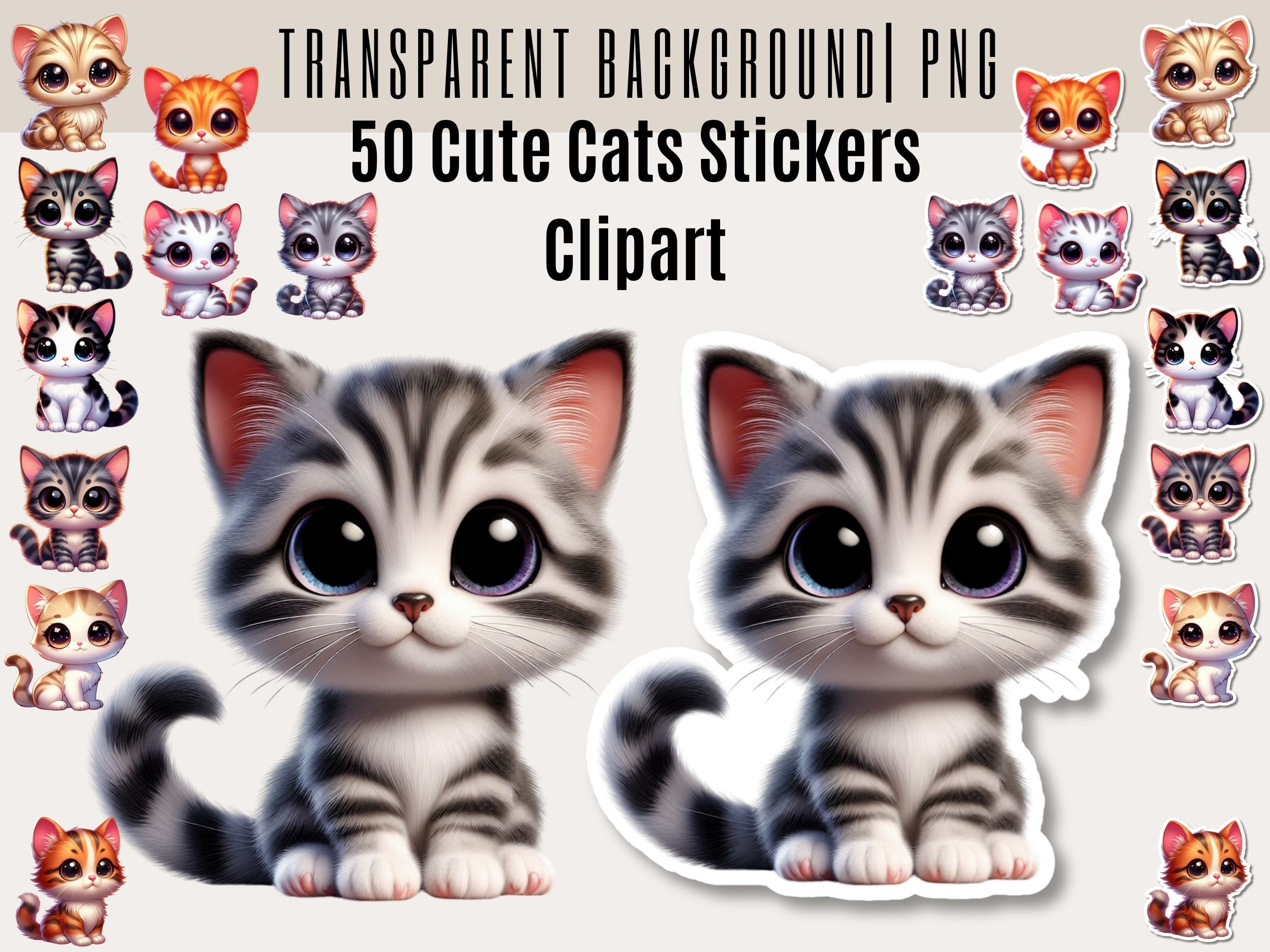 Cute Cat Fussy Cut Stickers Clipart Bundle - Set of 50 Pngs With ...