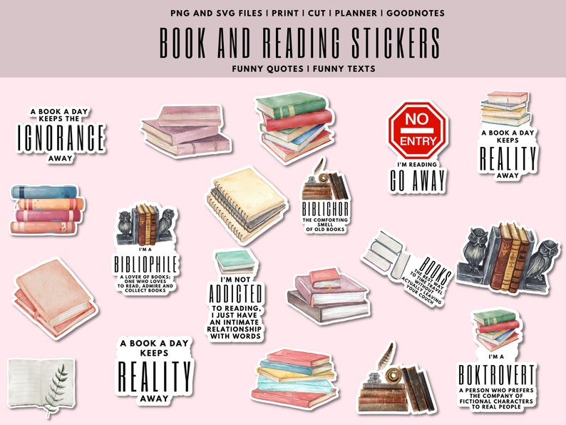 Printable Book Lovers Reading Fussy Cut Stickers PNG Sticker Bundle ...