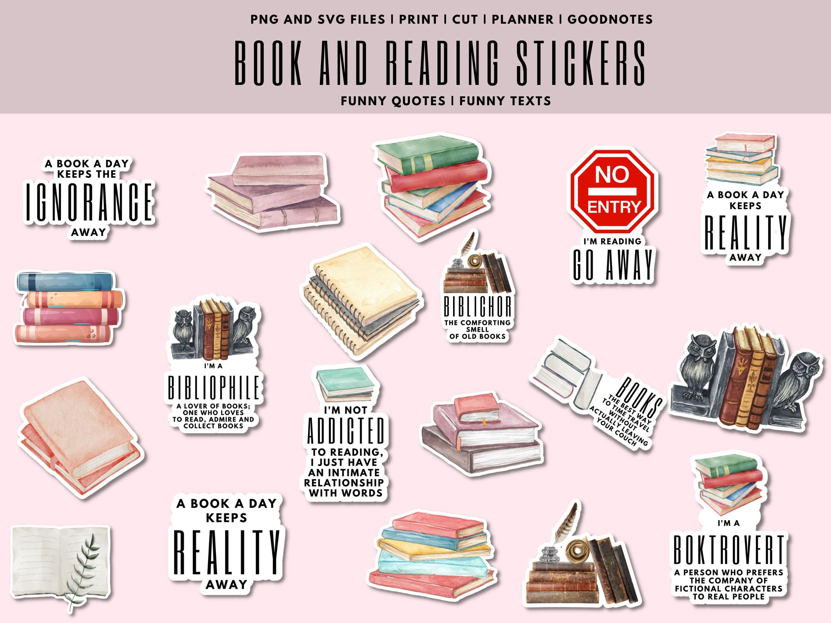 Printable Book Lovers Reading Stickers PNG Sticker Bundle Digital ...