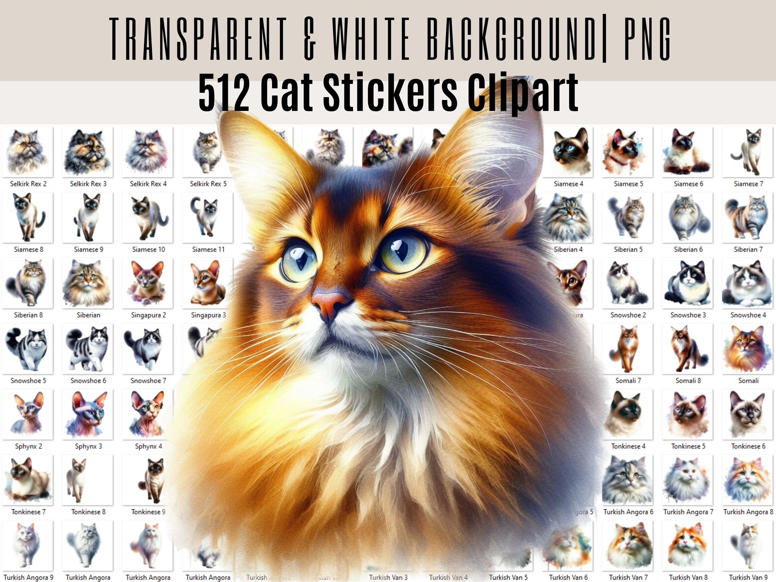 512 Cat Stickers Clipart Bundle, Watercolor Cats Clipart Sublimation ...