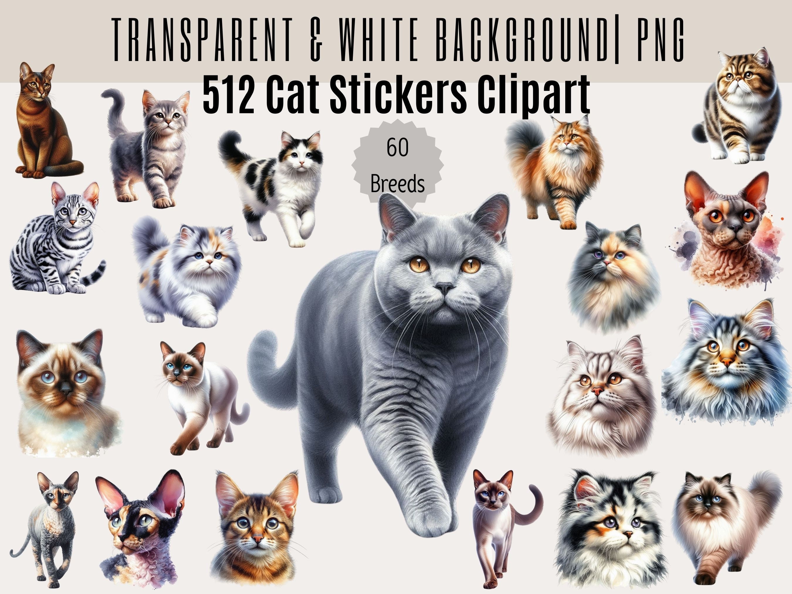 512 Cat Stickers Clipart Bundle, Watercolor Cats Clipart Sublimation ...