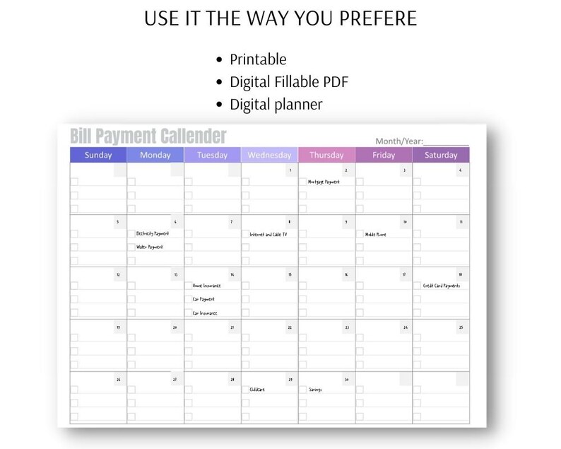 Bill Payments Calendar Personal Finance Organizing Printables Financial ...