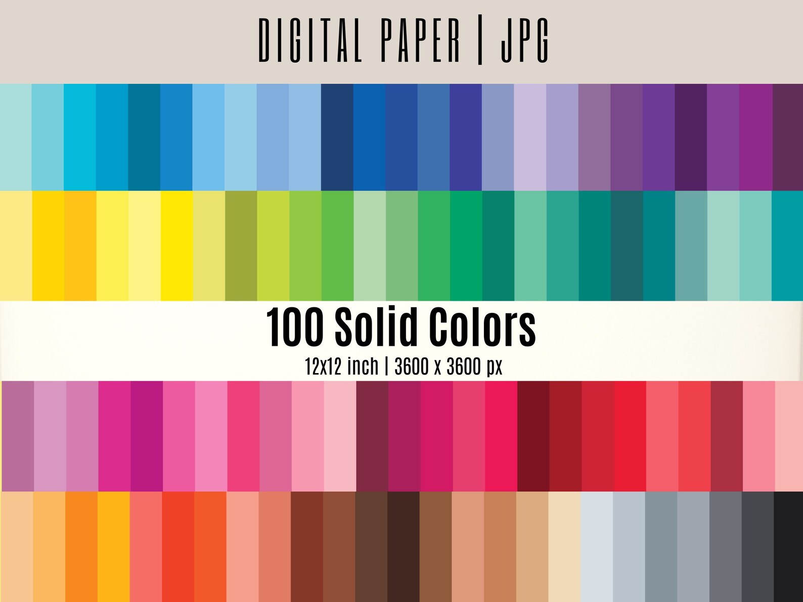 100 Plain Solid Colors Digital Paper Bundle, 3600x3600 Pixels ...