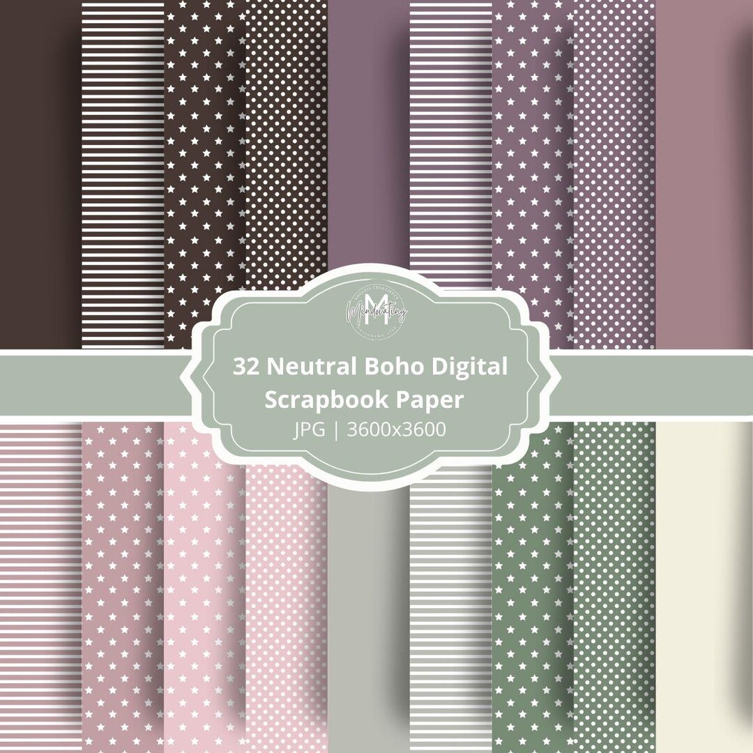 Boho Scrapbook Paper: Earthy Stripes, Stars, Polka Dots (digital ...