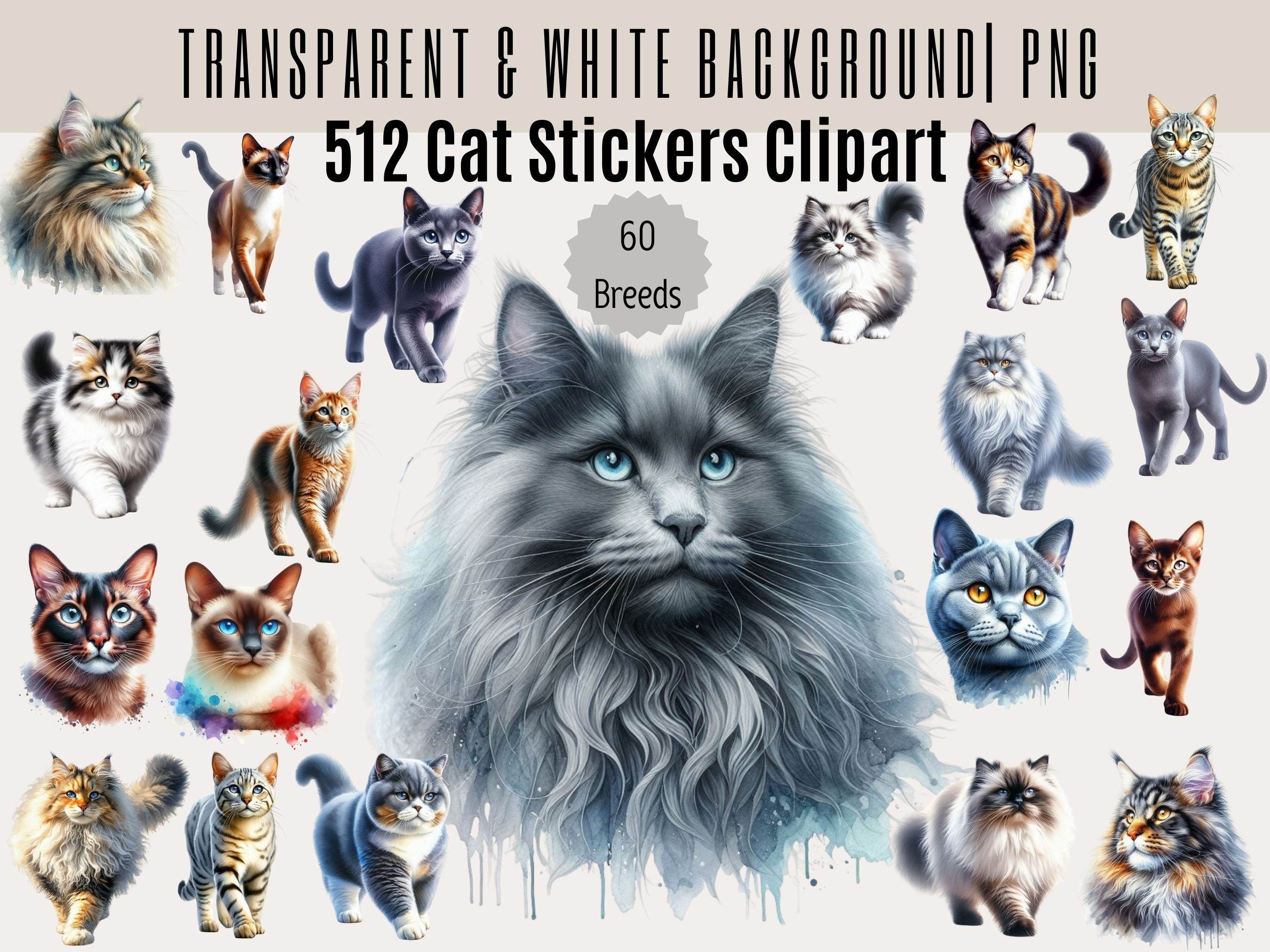 512 Cat Stickers Clipart Bundle, Watercolor Cats Clipart Sublimation ...