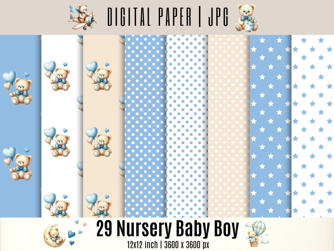 Teddy Bear Nursery Digital Paper: Baby Boy Scrapbook Patterns (digital ...
