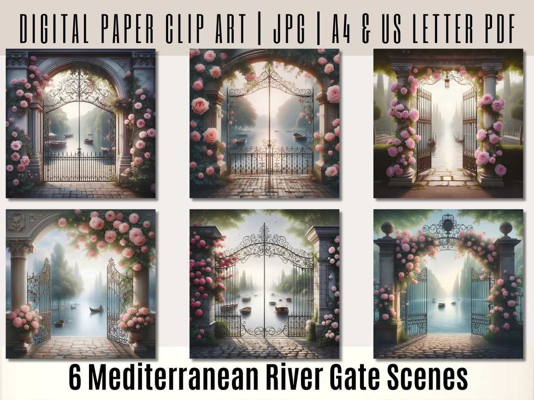 6 Scenic River View Digital Paper Pack: Soft Light & Wrought Iron Gate ...