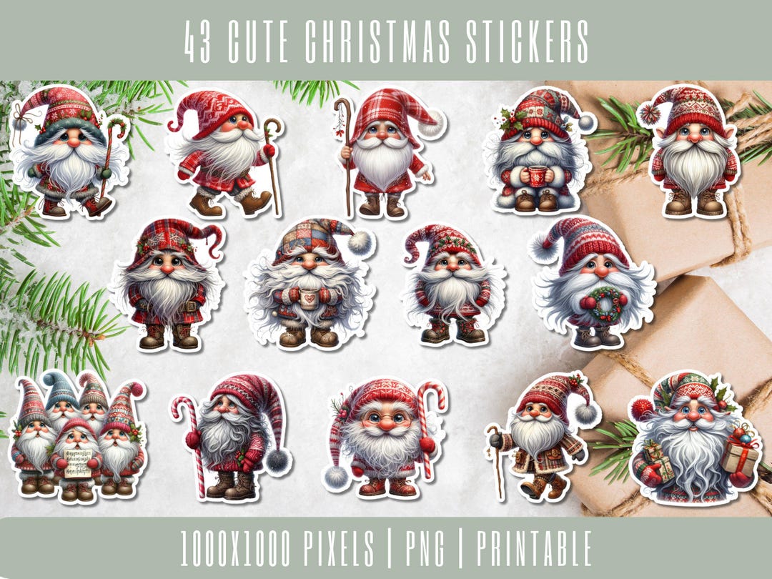 43 Cute Christmas Gnome Stickers PNG Bundle, Printable Christmas ...