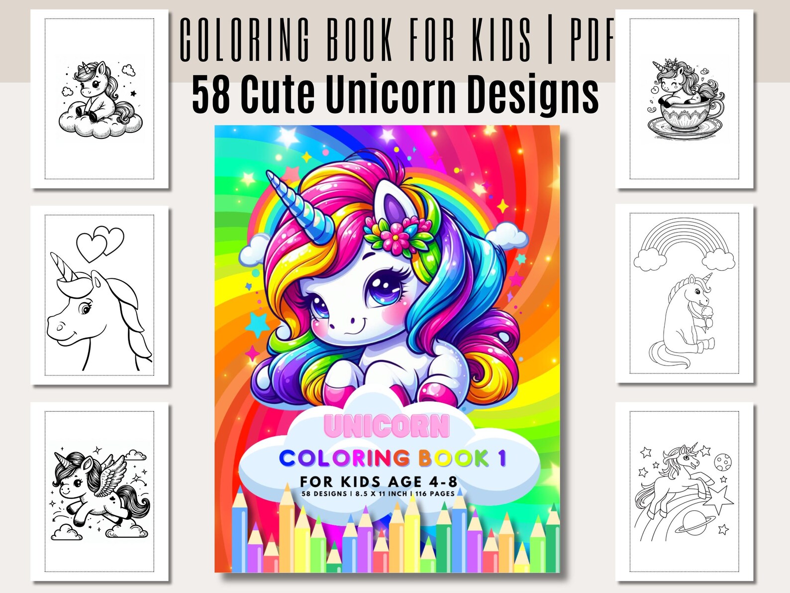 Cute Unicorn Coloring Pages for Kids, Unicorn Printables, Printable ...