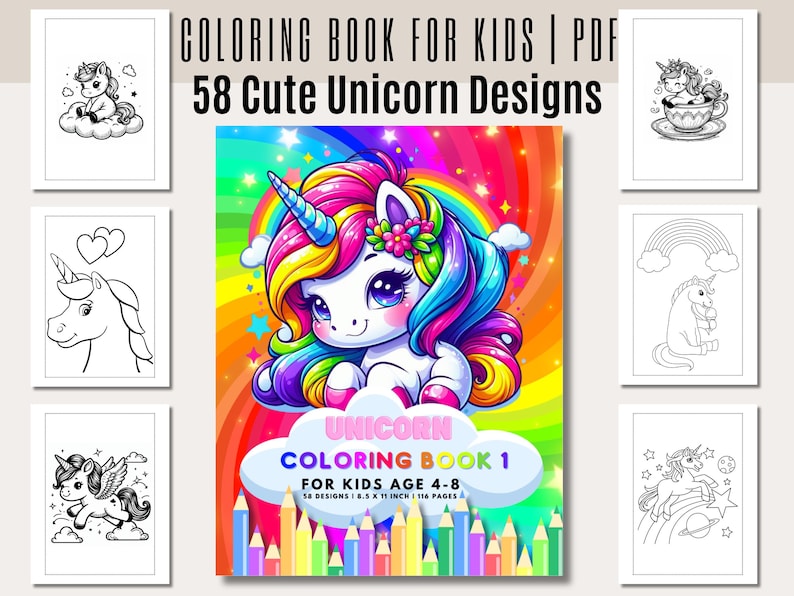 Cute Unicorn Coloring Pages for Kids, Unicorn Printables, Printable ...